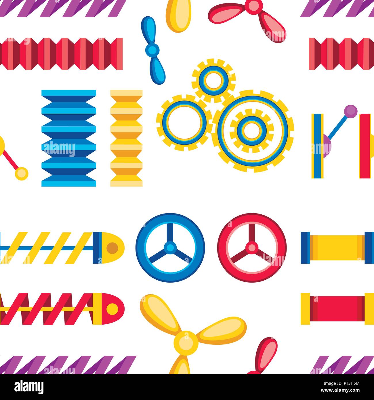 Seamless pattern. Collection of colorful gear wheels, metal springs and ...