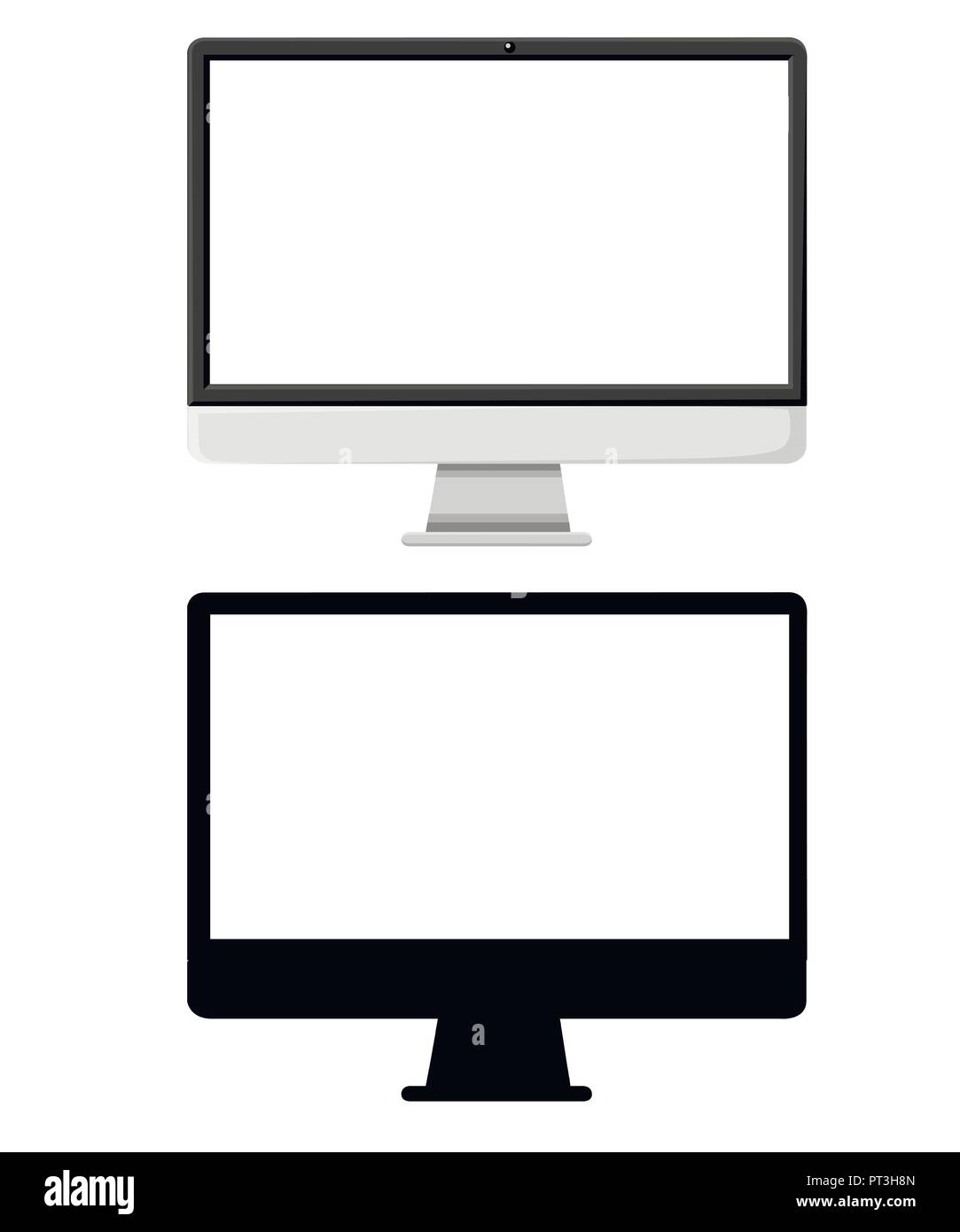 Flat monoblock illustration and black silhouette. AiO PC. LCD display ...