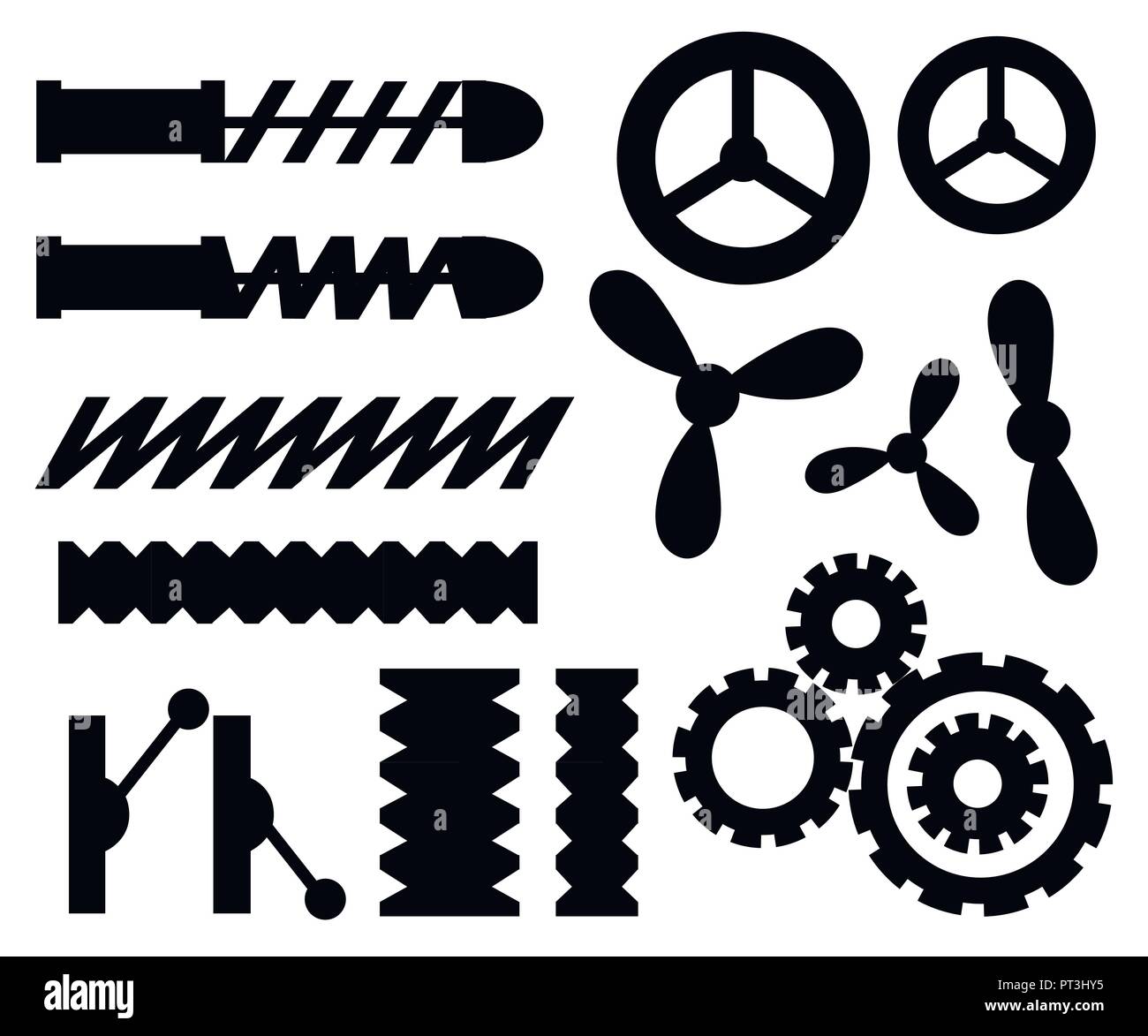 Black silhouette. Collection of gear wheels, metal springs and ...