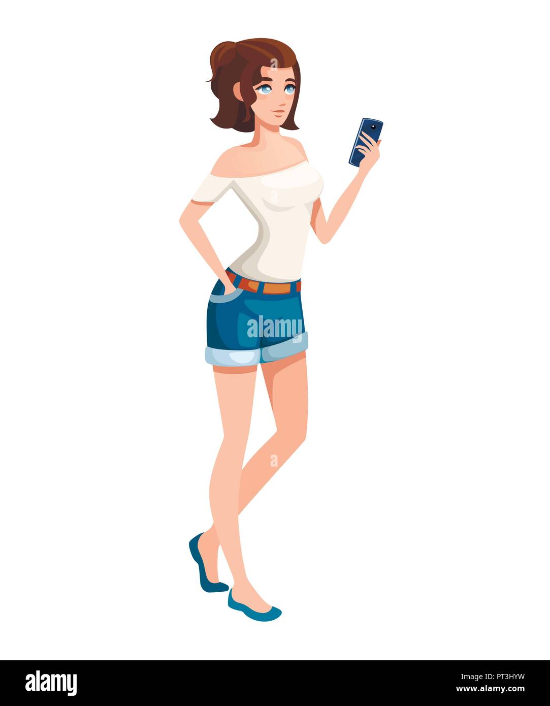 Beautiful girl stand with smartphone. Cartoon character design. Female ...