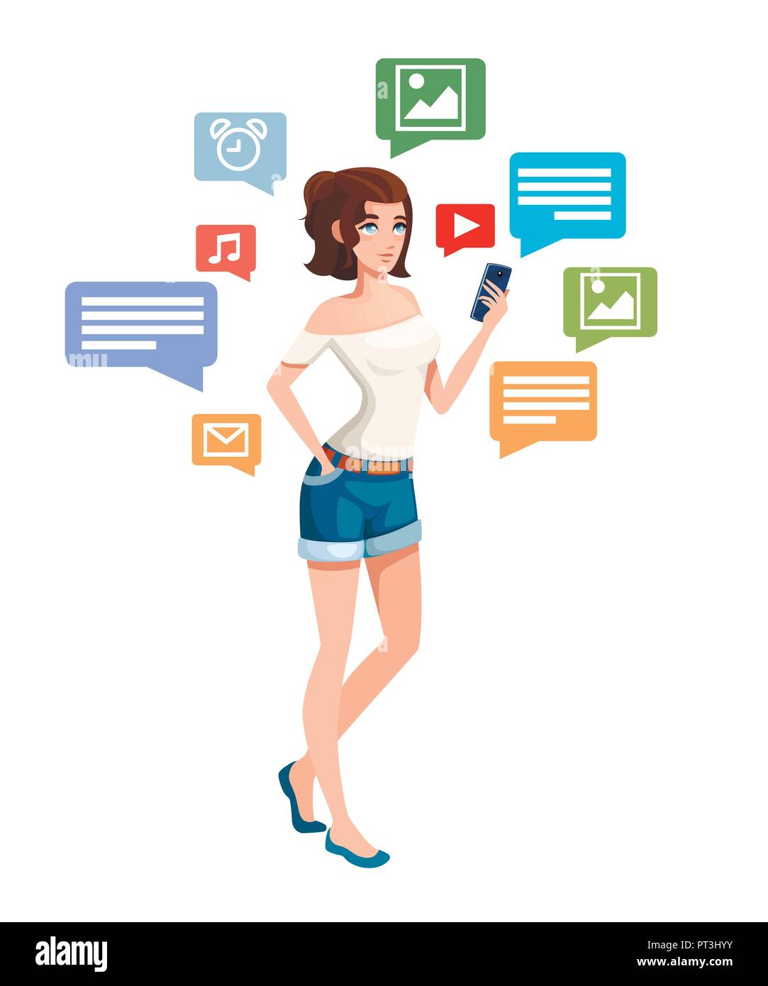 Beautiful girl stand with smartphone. Cartoon character design. Female ...