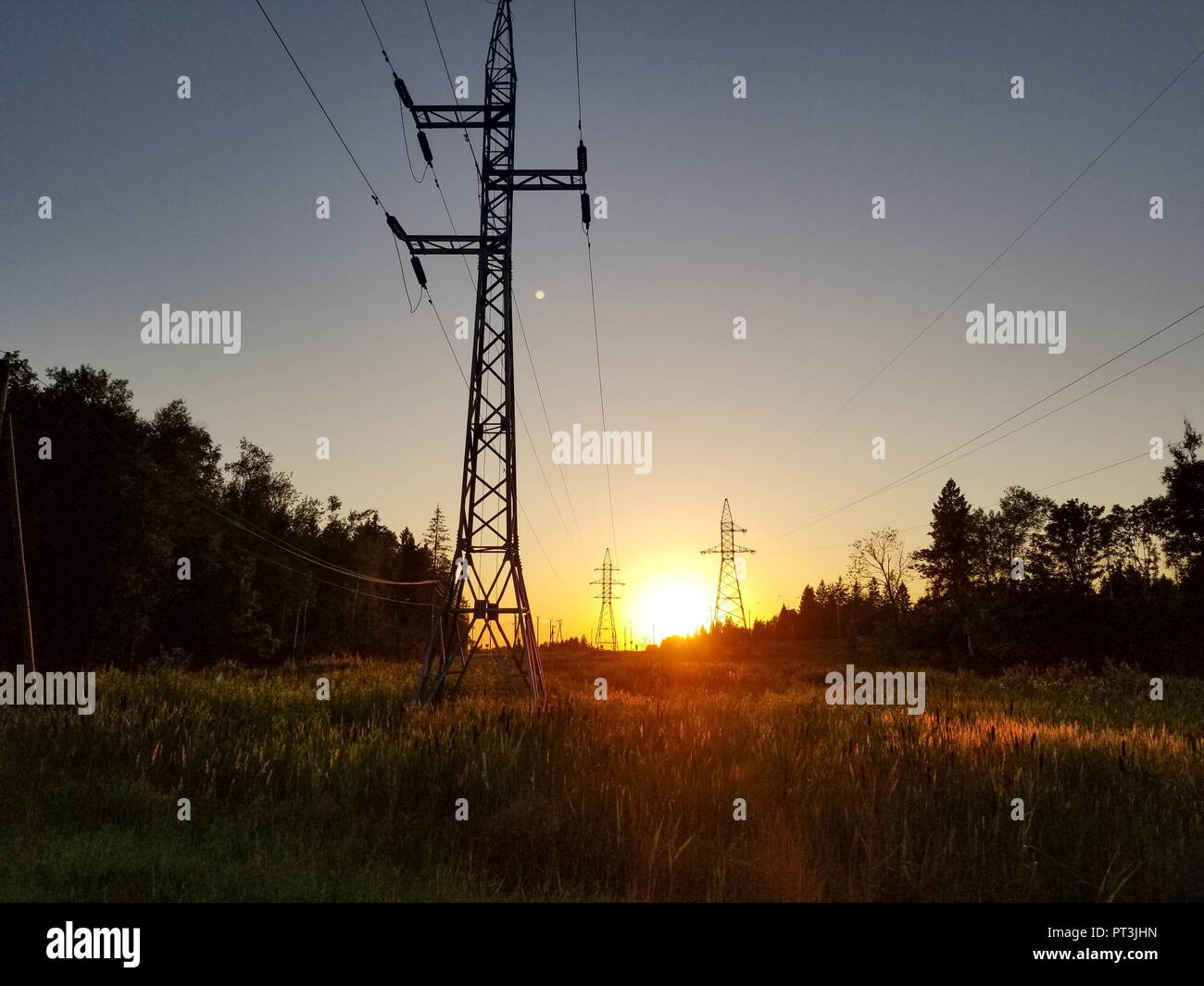 High-voltage power lines during summer sunset landscape Stock Photo - Alamy