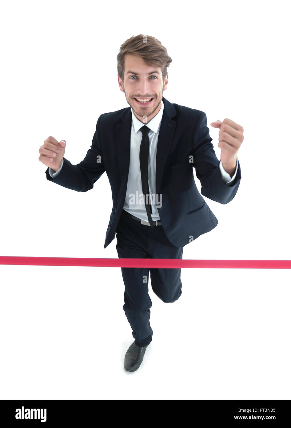 Businessman crossing the finish line on white background Stock Photo ...