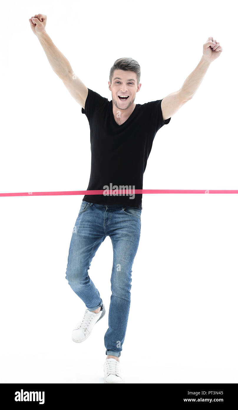 portrait of a runner at the finish line isolated on white background ...