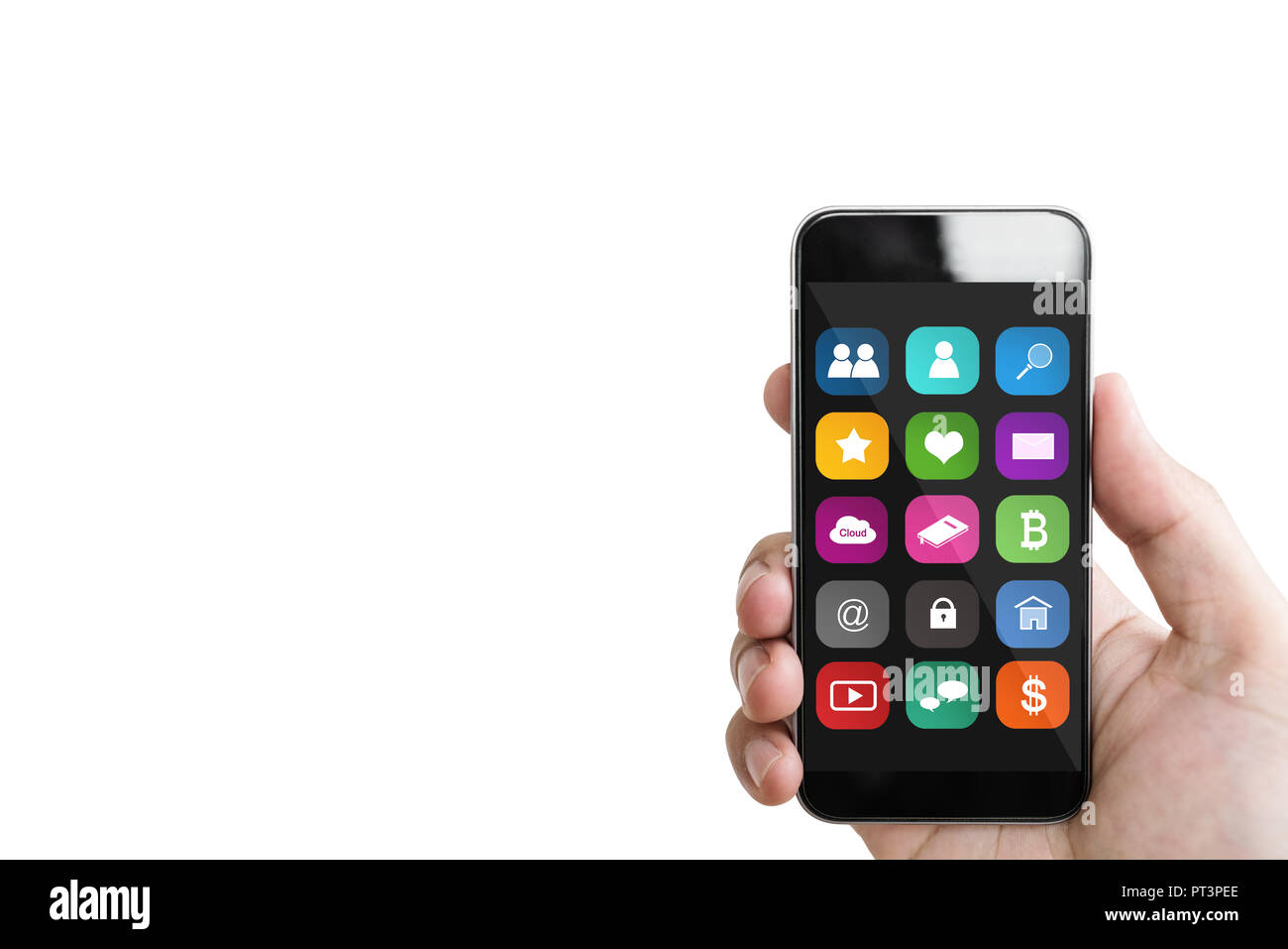 Hand holding mobile smart phone, with mobile app on screen, isolated on ...
