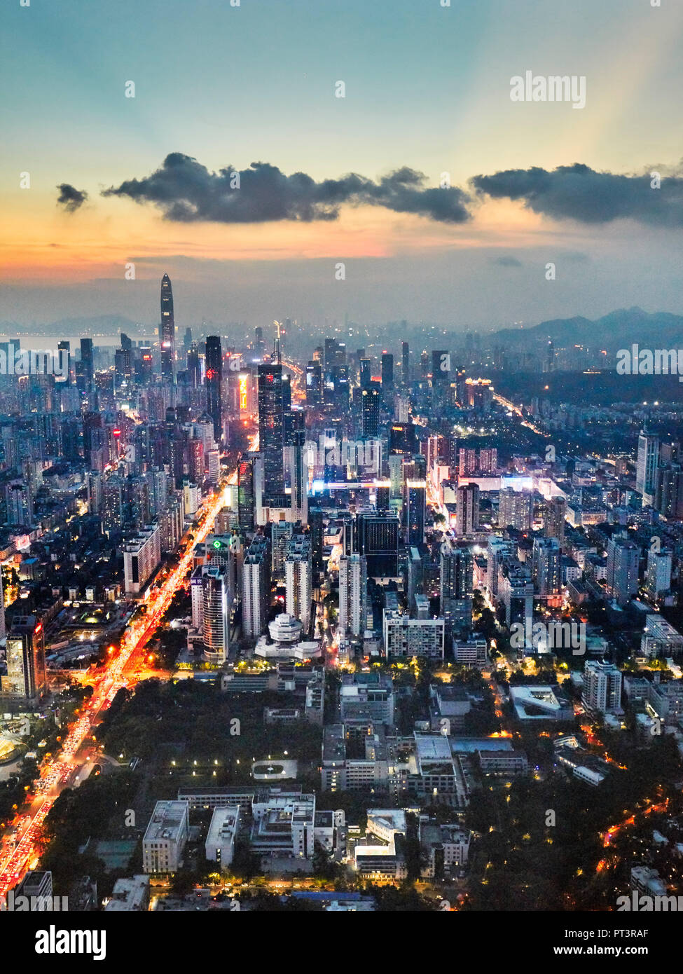 Aerial city view from the top of KK100 (Kingkey 100) skyscraper at dusk ...
