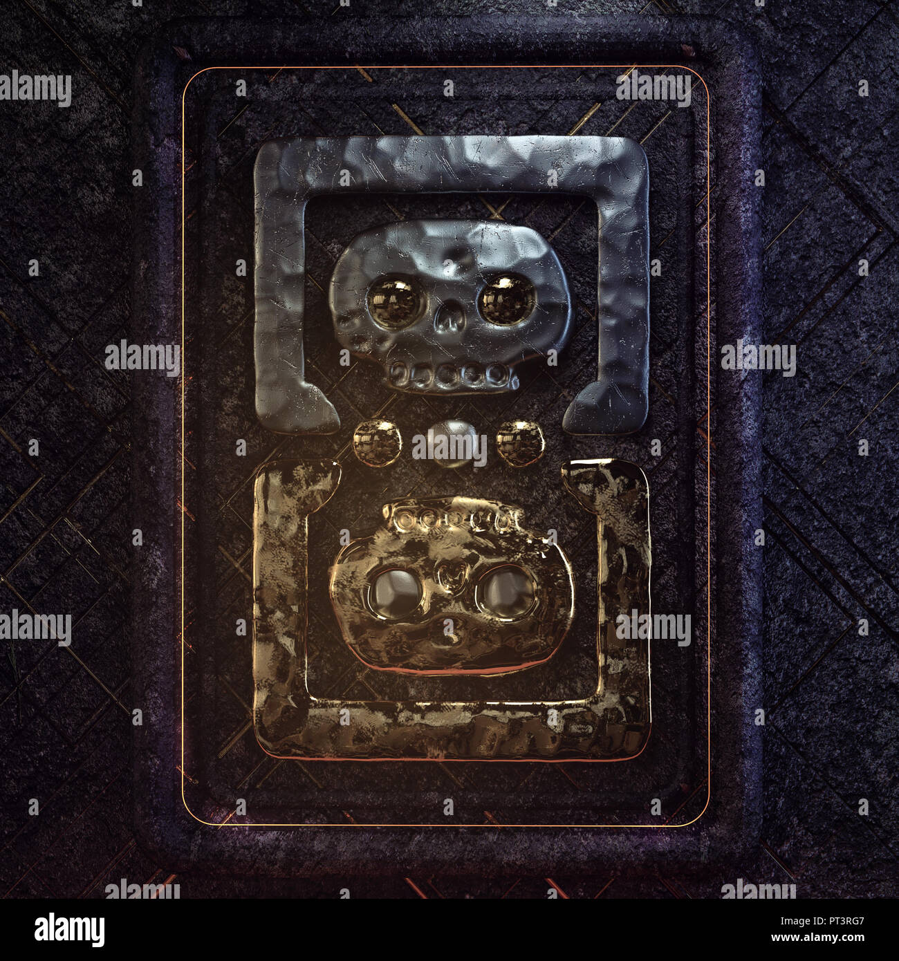 Old aztec mexican symbol made of two gold and forged metal skulls on ...