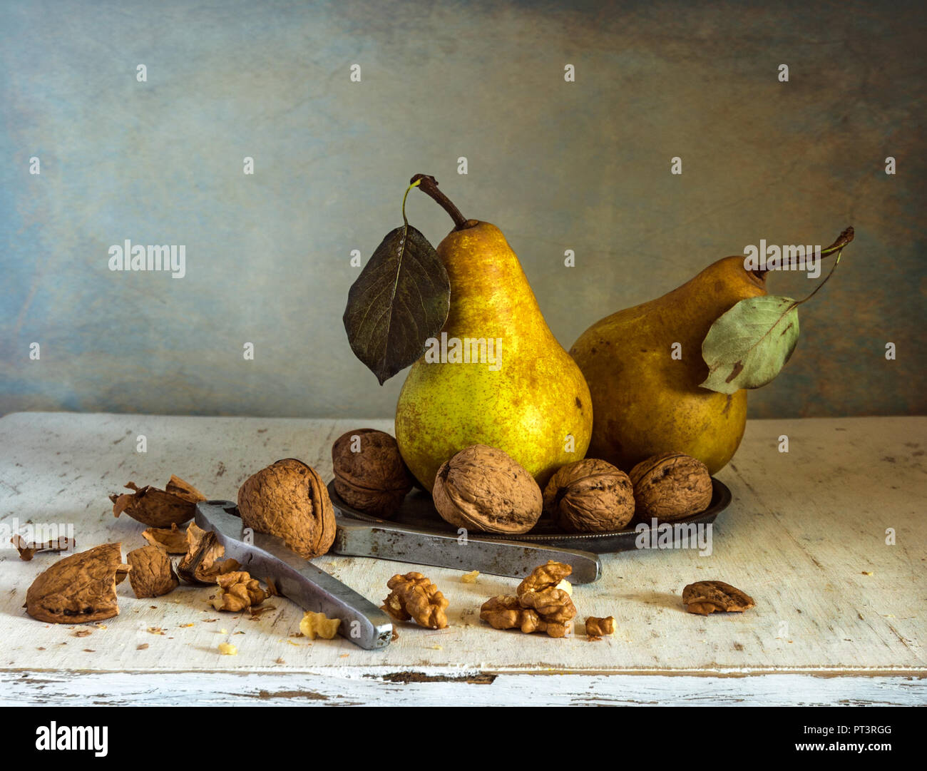 still life with pears and nuts. tasty and healthy. vintage Stock Photo ...