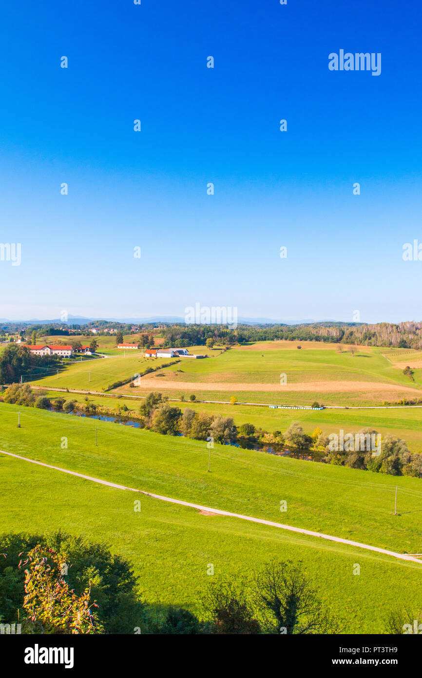 Croatian farmlands in countryside, panoramic view of river Dobra in ...