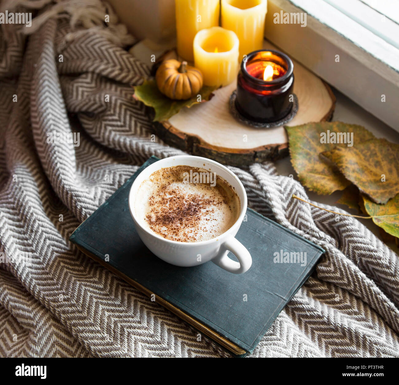 Autumn still life with coffee cup and candles, cozy fall interior ...