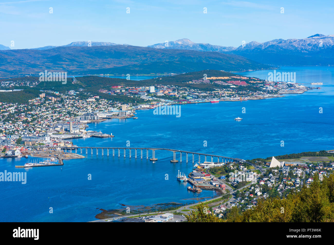 View of Tromso on island of Tromsoya linked across Tromsoysundet strait ...