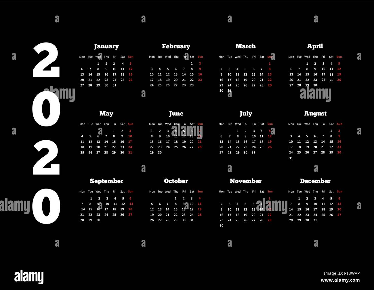 Calendar on 2020 year with week starting from monday, A4 sheet on black ...