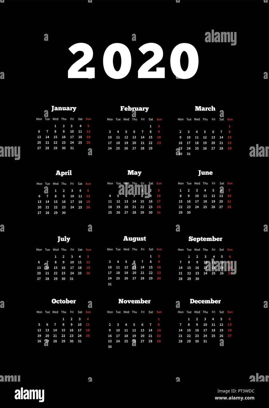 Calendar on 2020 year with week starting from monday, A4 size vertical ...