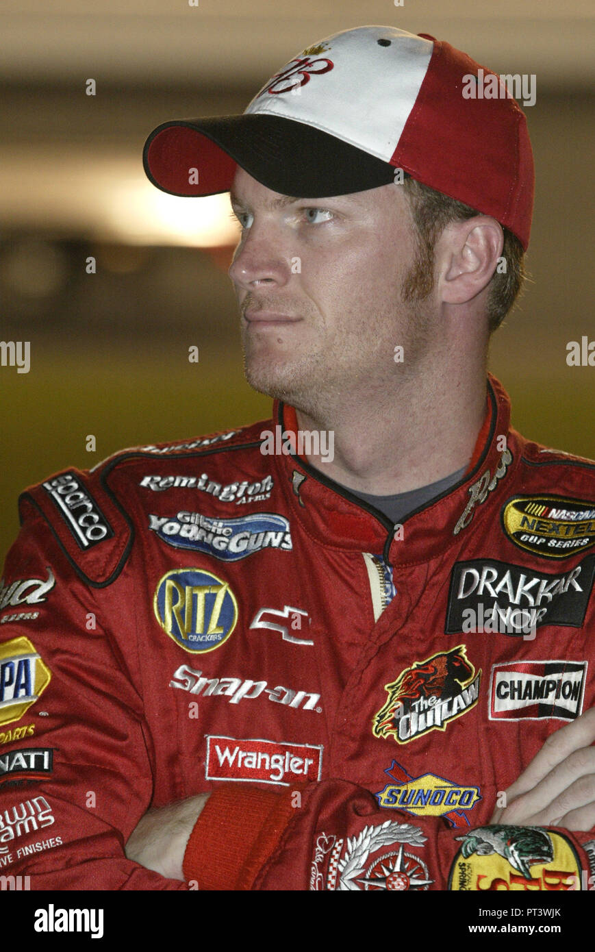 Dale Earnhardt Jr. waits for the rained delayed start of the NASCAR ...