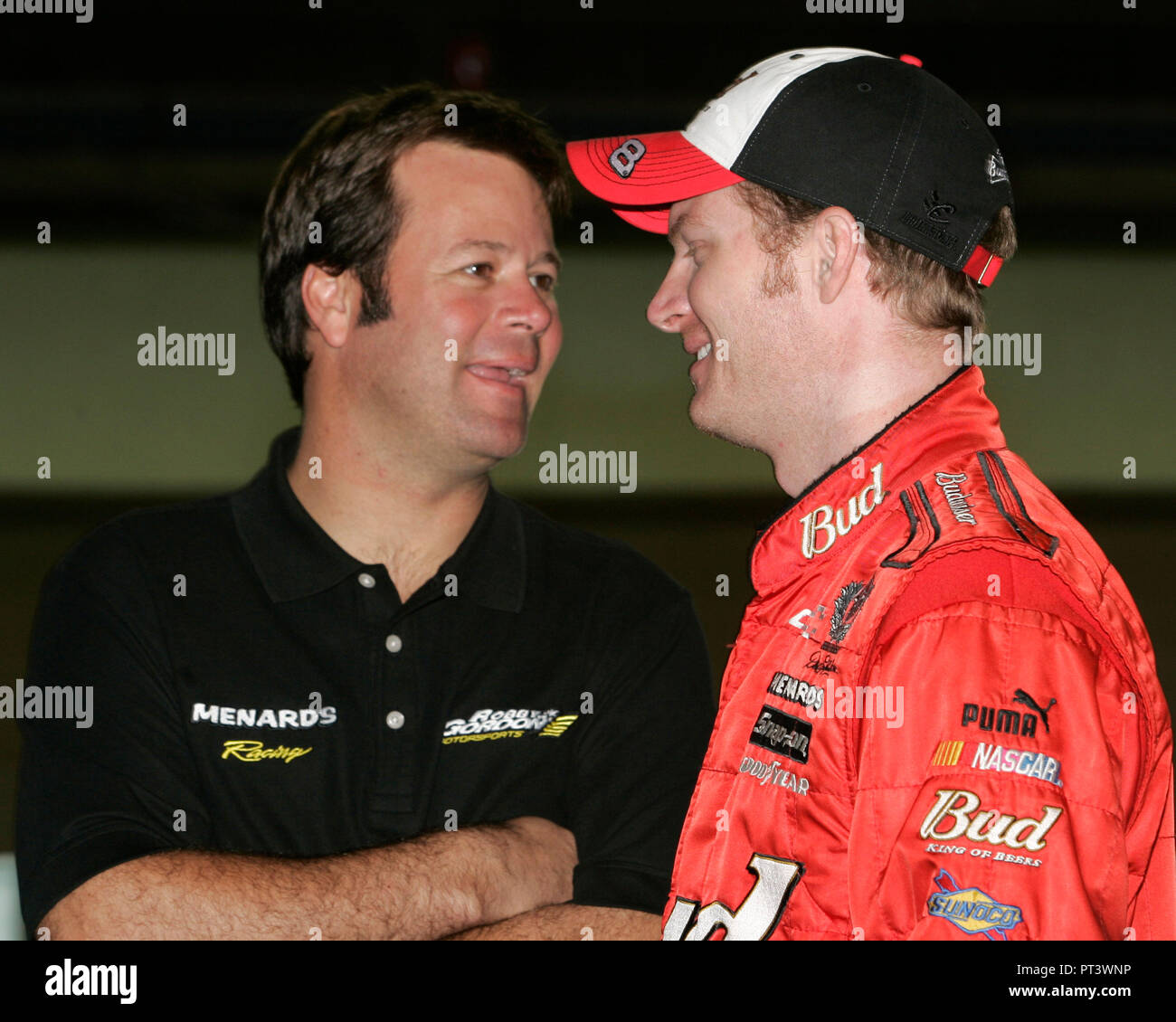Dale Earnhardt Jr(L) and Robby Gordon wait on pit road as the Nascar ...