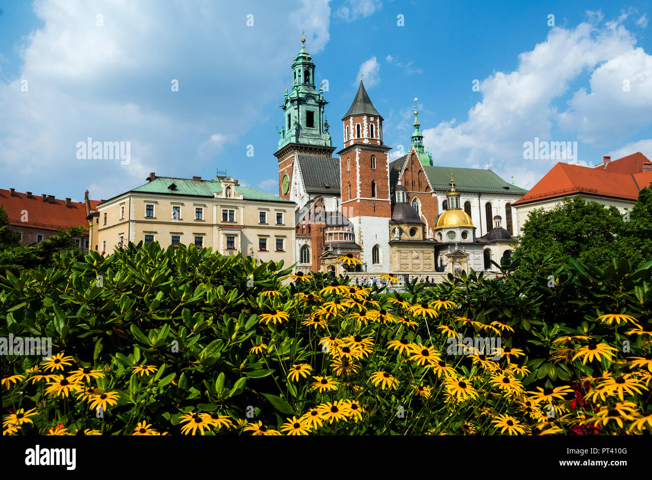 Beautiful sightseeing with Wawel Royal Castle and colorful flowers in ...