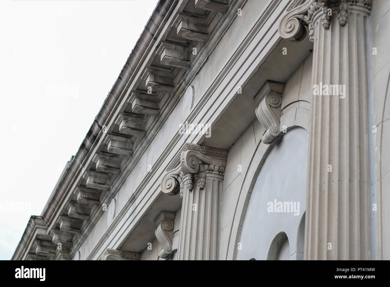 Classic Facade Column Building Roof Angled View From The Street Stock ...