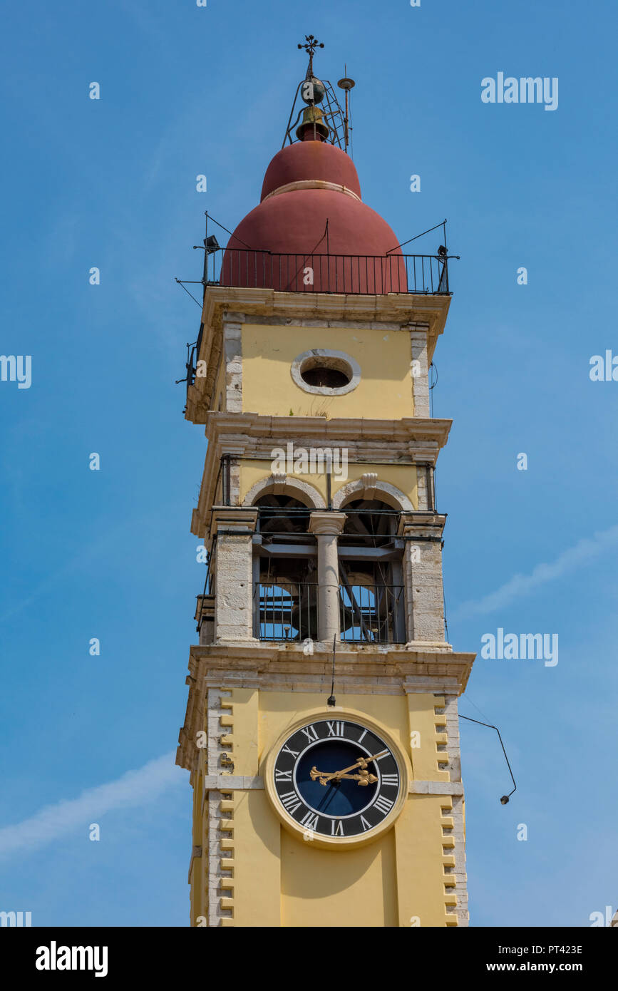 the clock tower or bell tower on a greek orthodox church historic ...
