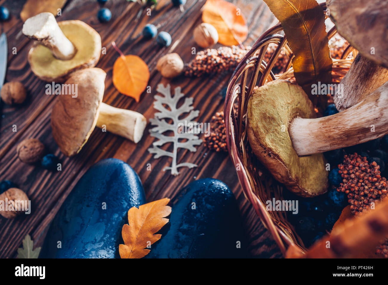 Porcini mushrooms in basket with berries and nuts on wooden table ...