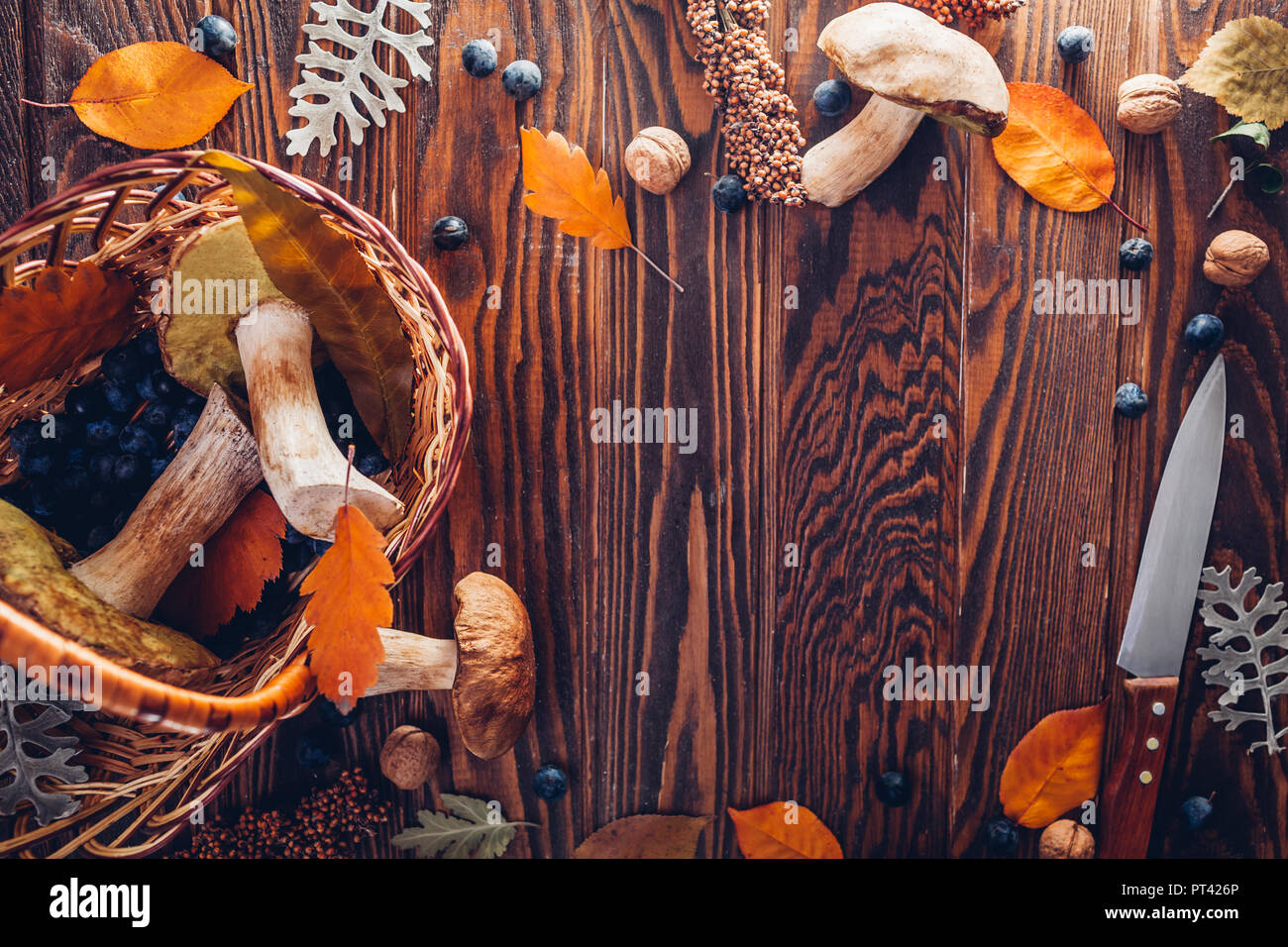 Porcini mushrooms in basket with berries and nuts on wooden table ...