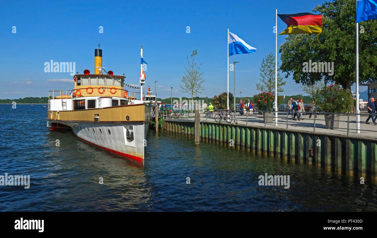 Steamer at the pier in Prien am Chiemsee, Chiemgau, Upper Bavaria ...