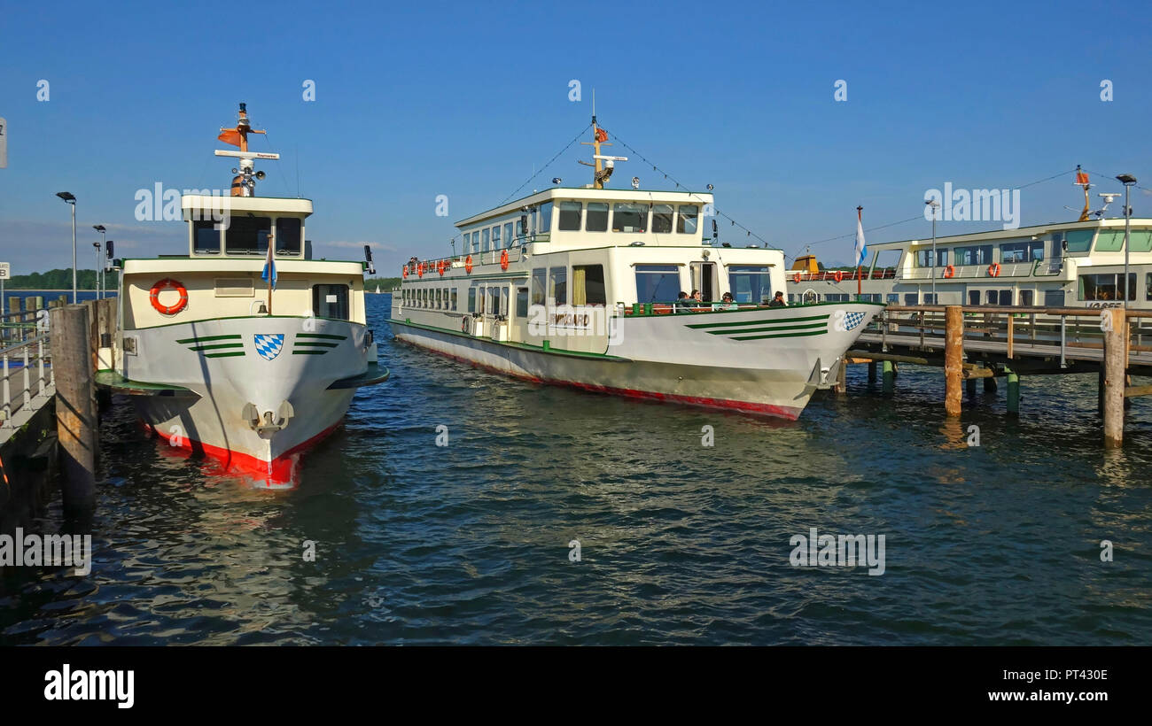 Steamer at the pier in Prien am Chiemsee, Chiemgau, Upper Bavaria ...