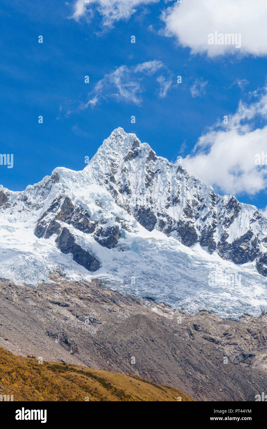 The summit of Alpamayo Nevado peak from base camp, Ancash, Cordigliera ...