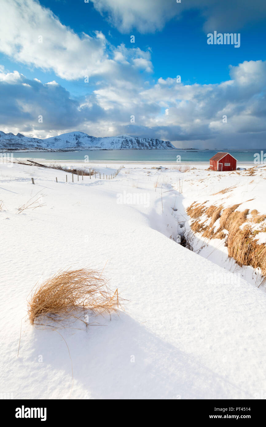 Snow surrounding the sandy beach, Ramberg, Flakstad municipality ...