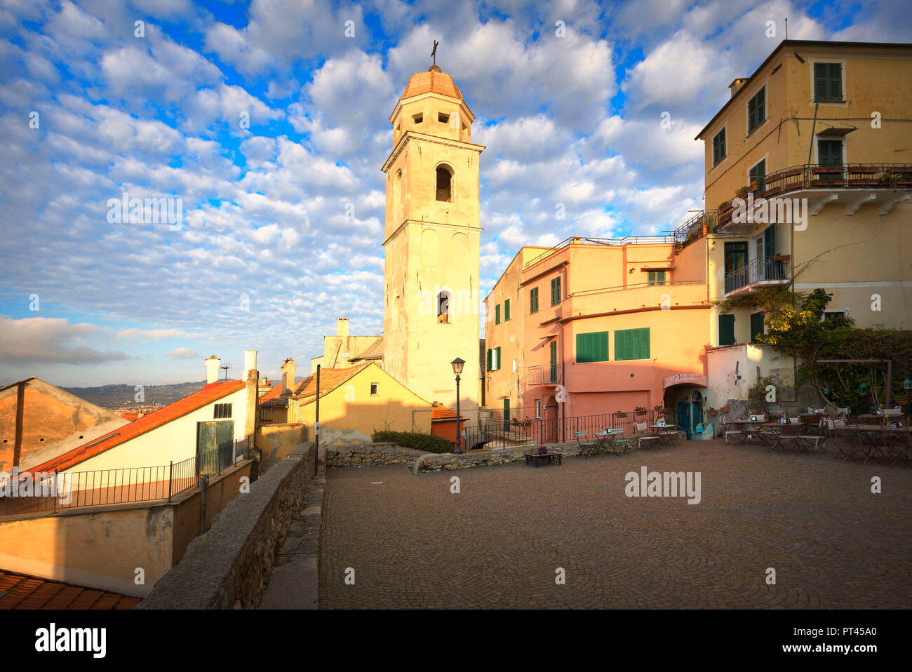 Main square with the tower bell of Cervo, Imperia province, Liguria ...