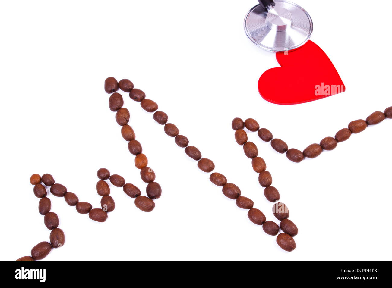 Electrocardiogram line of roasted coffee grains, red heart and medical ...