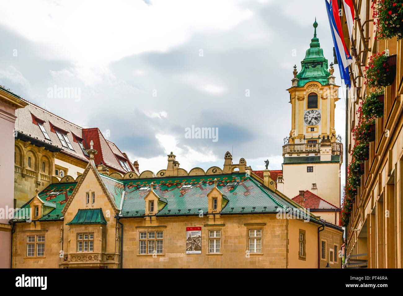 The City Gallery of Bratislava building with the bell tower of the ...