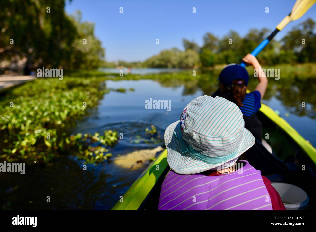 Children paddling in a canoe in beautiful weather, Ross River QLD ...