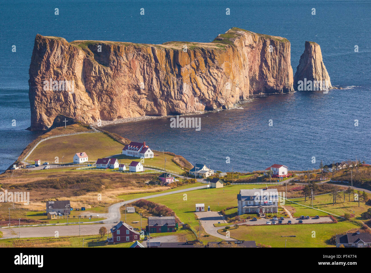 Canada, Quebec, Gaspe Peninsula, Perce, elevated view of town and Perce ...