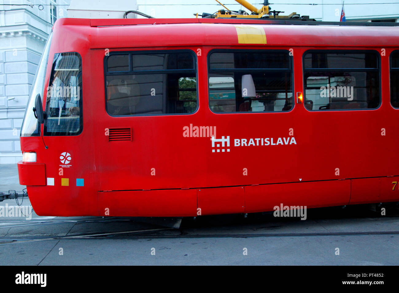 Red trams offering public transport around the city of Bratislava in ...