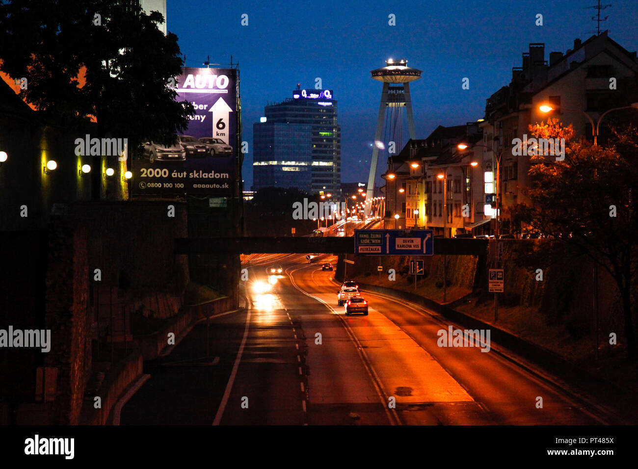 The Staromestska highway with the UFO observatory bridge in Bratislava ...