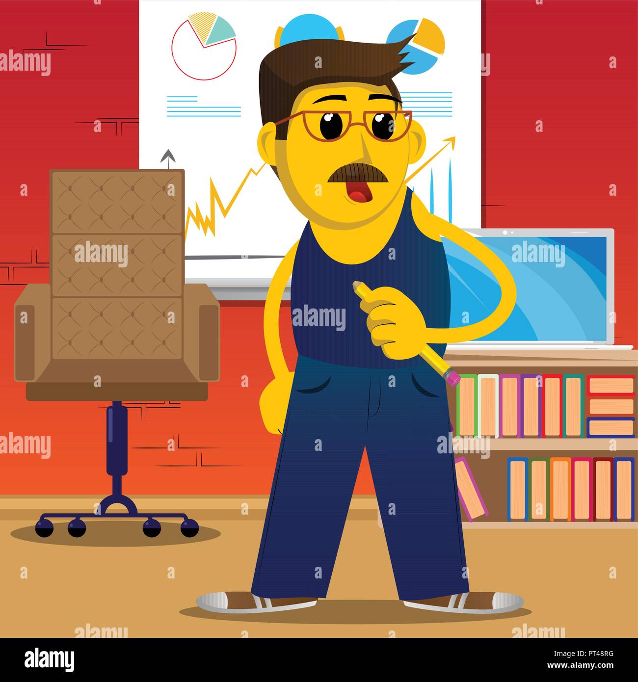 Yellow man writing with pencil. Vector cartoon illustration Stock ...