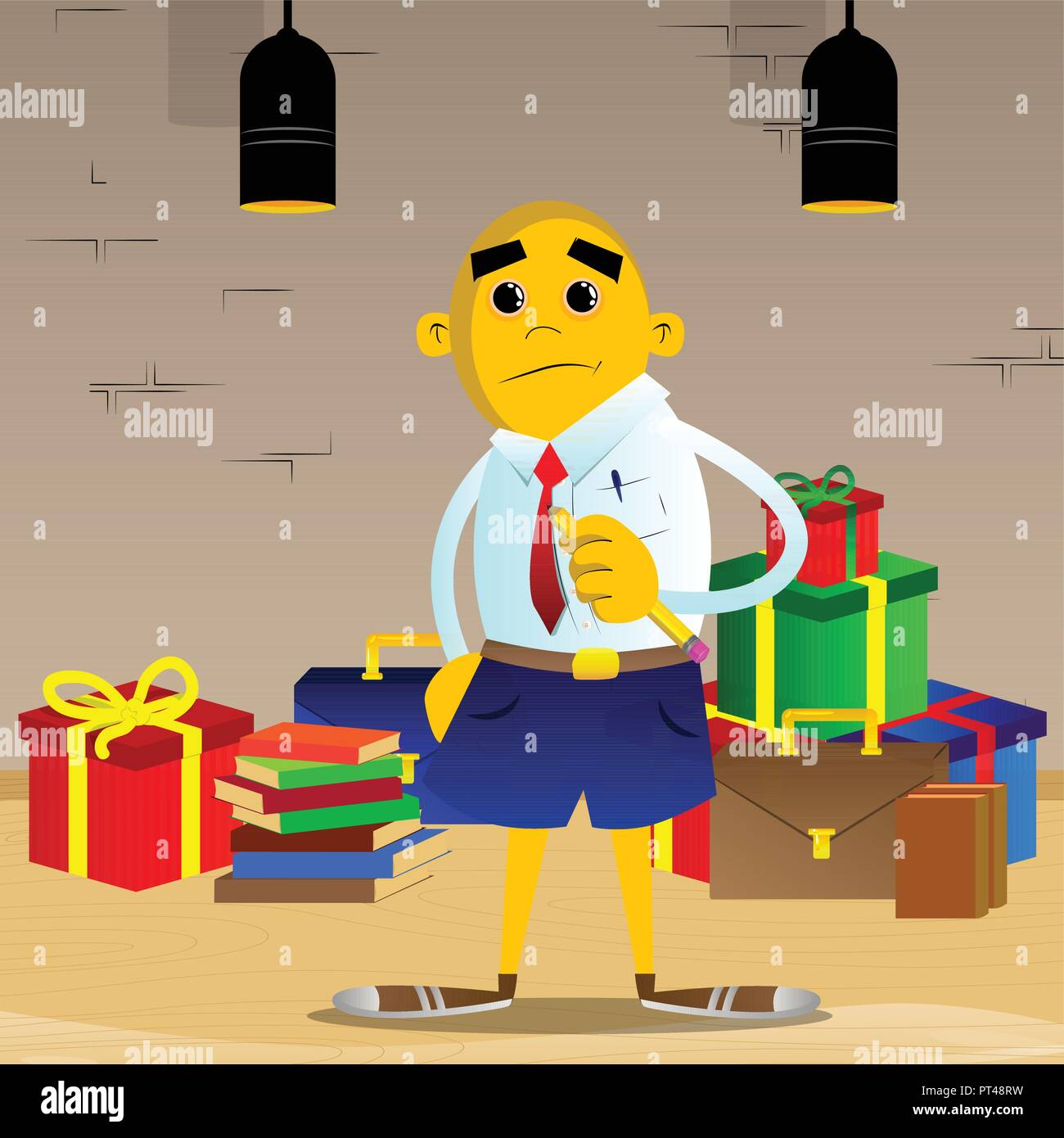 Yellow man writing with pencil. Vector cartoon illustration Stock ...