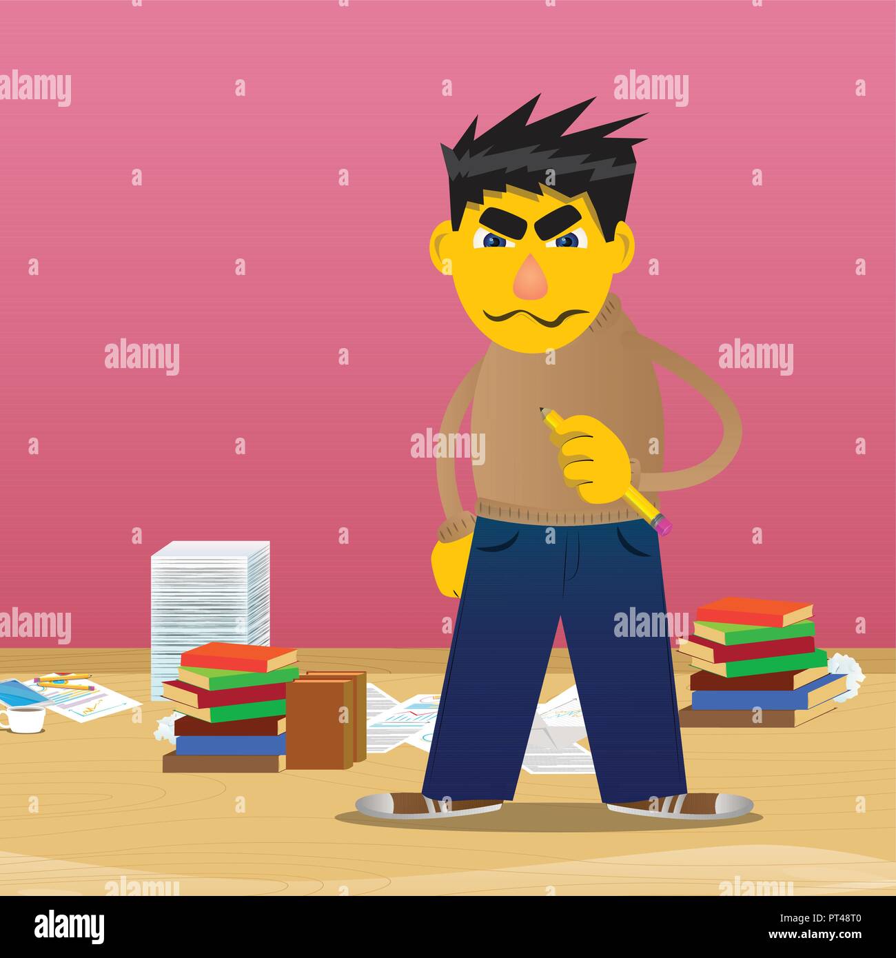 Yellow man writing with pencil. Vector cartoon illustration Stock ...