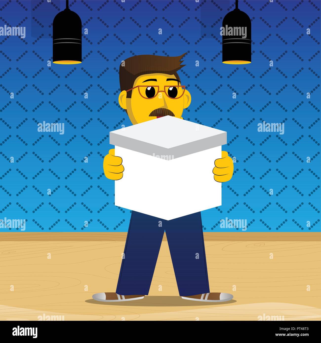 Yellow man holding white box. Vector cartoon illustration Stock Vector ...