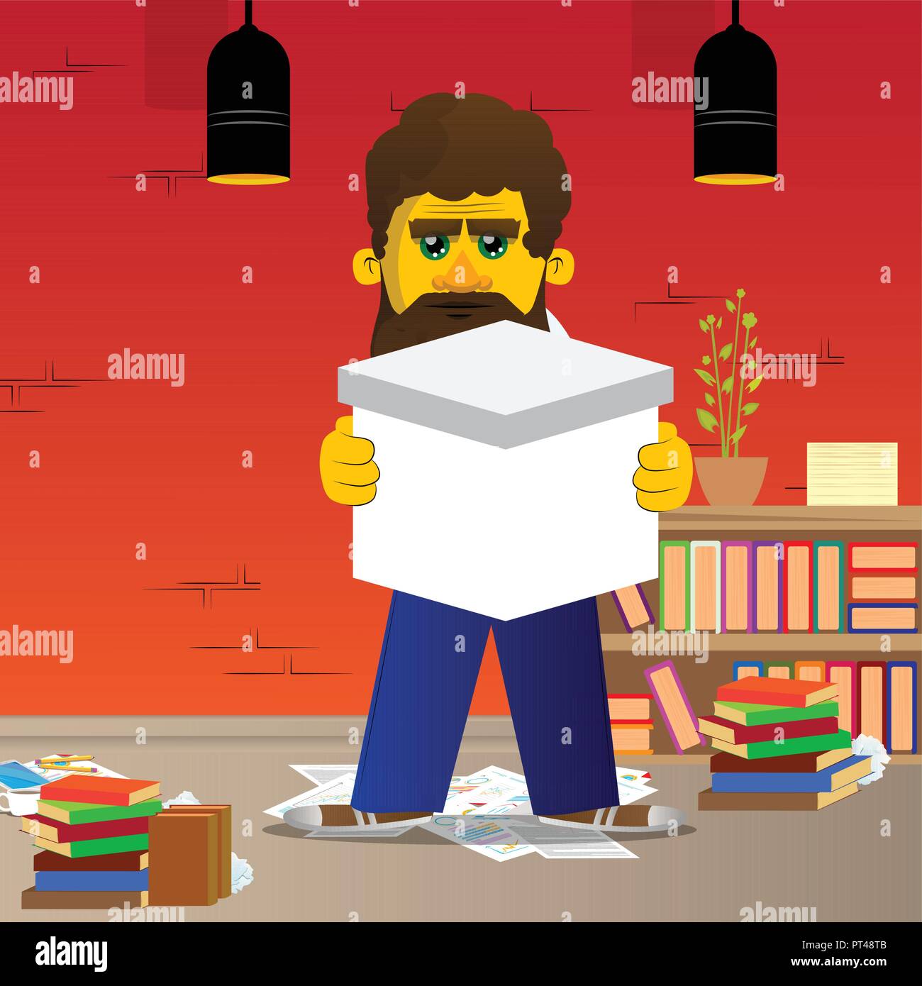 Yellow man holding white box. Vector cartoon illustration Stock Vector ...