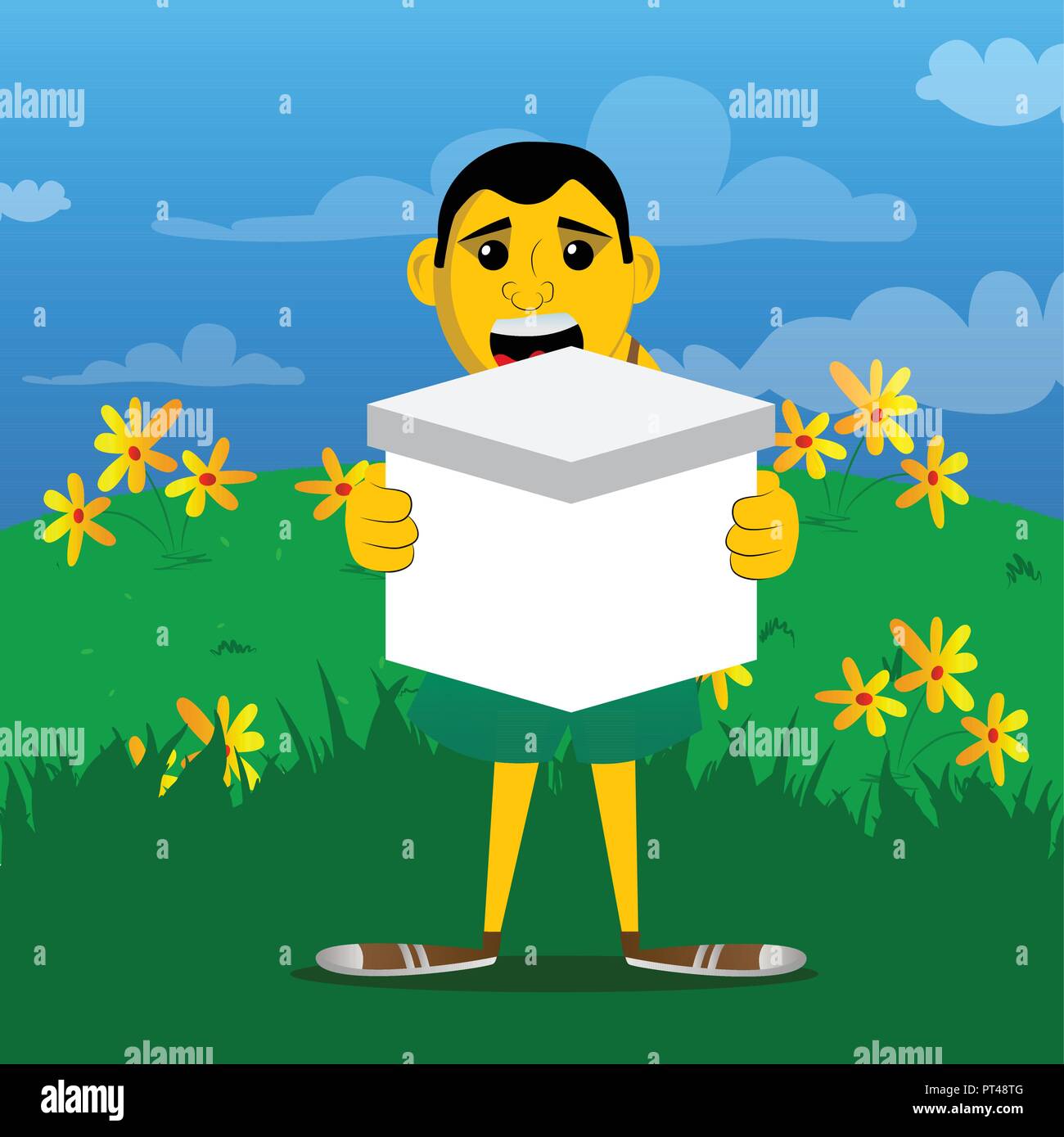 Yellow man holding white box. Vector cartoon illustration Stock Vector ...