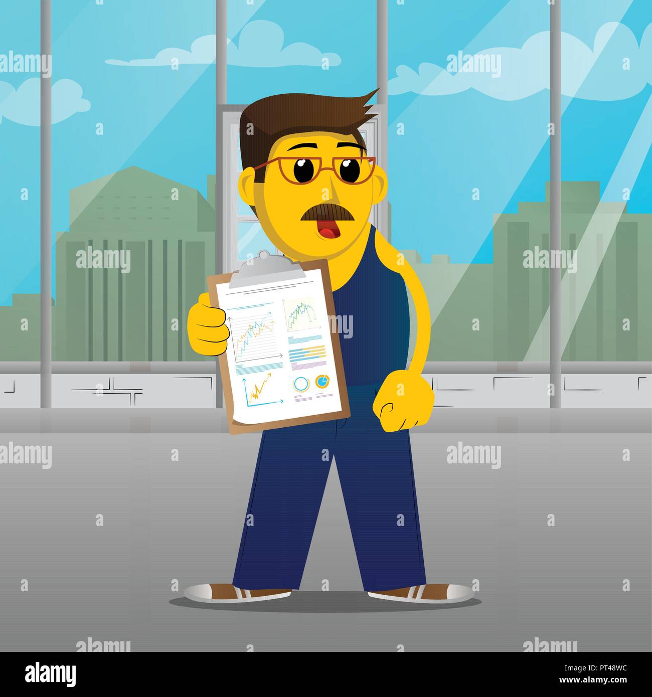 Yellow man shows finance report. Vector cartoon illustration Stock ...