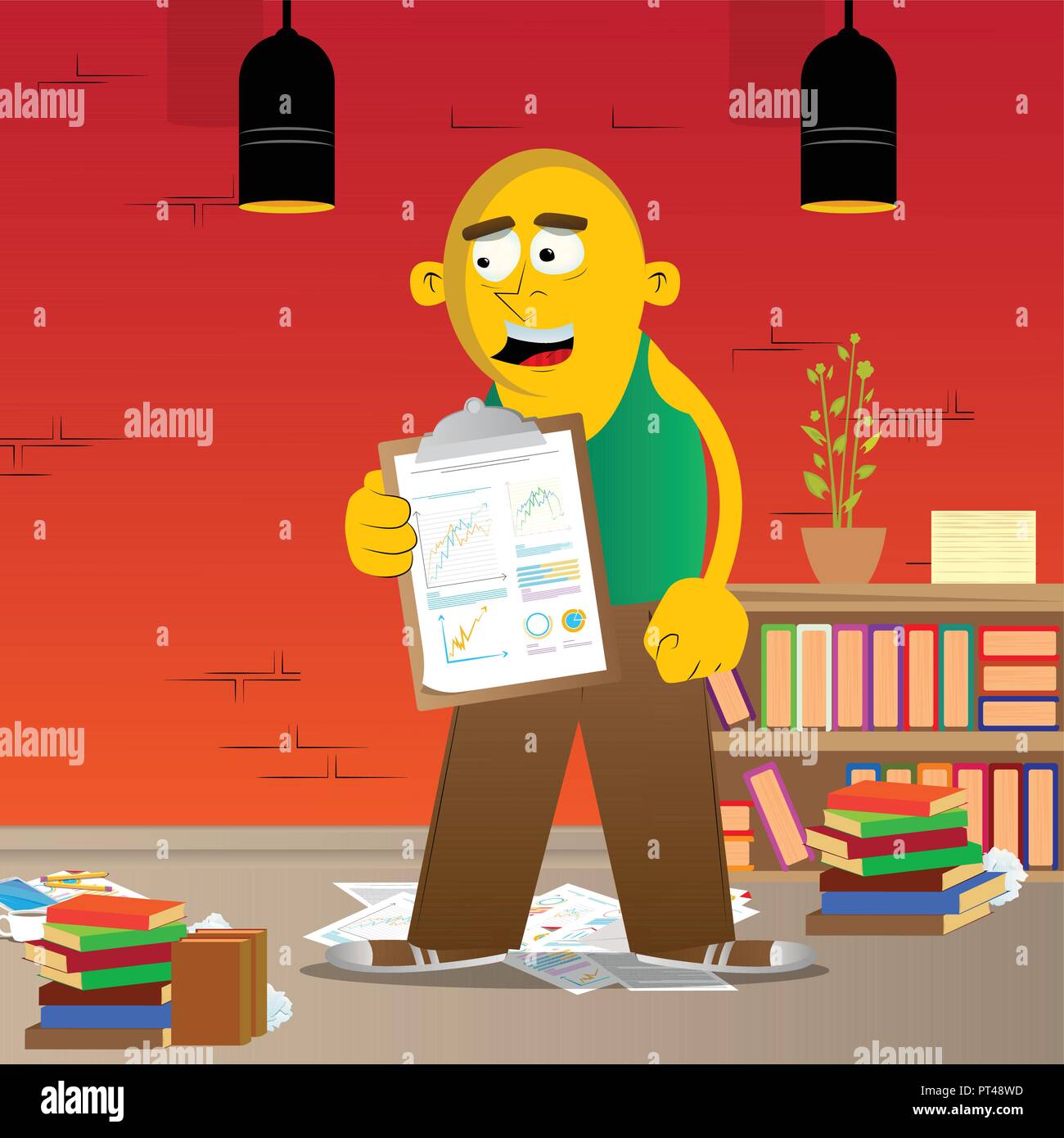 Yellow man shows finance report. Vector cartoon illustration Stock ...