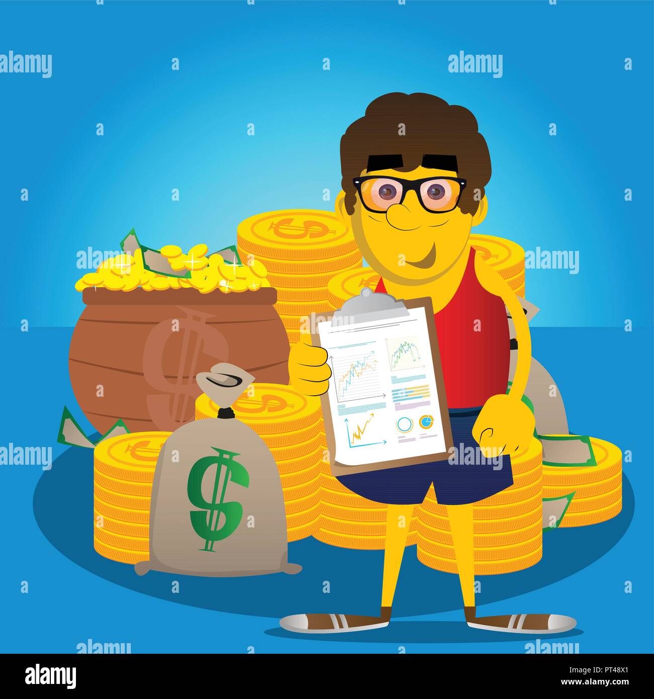 Yellow man shows finance report. Vector cartoon illustration Stock ...