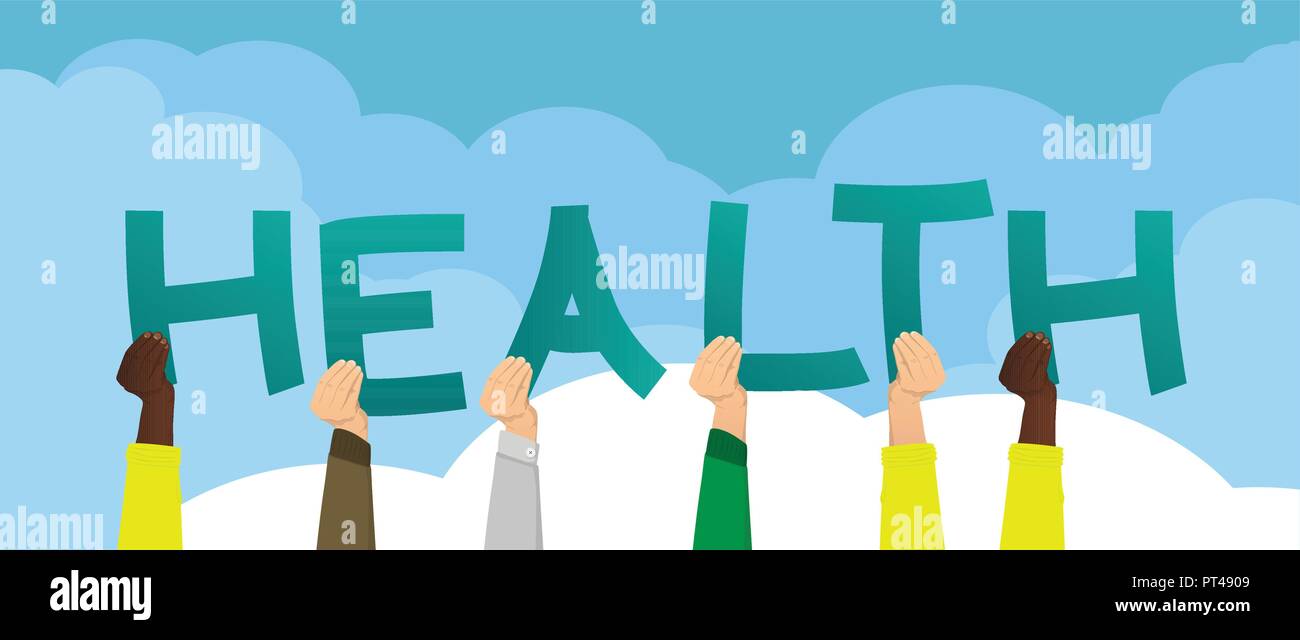 Diverse hands holding letters of the alphabet created the word Health ...