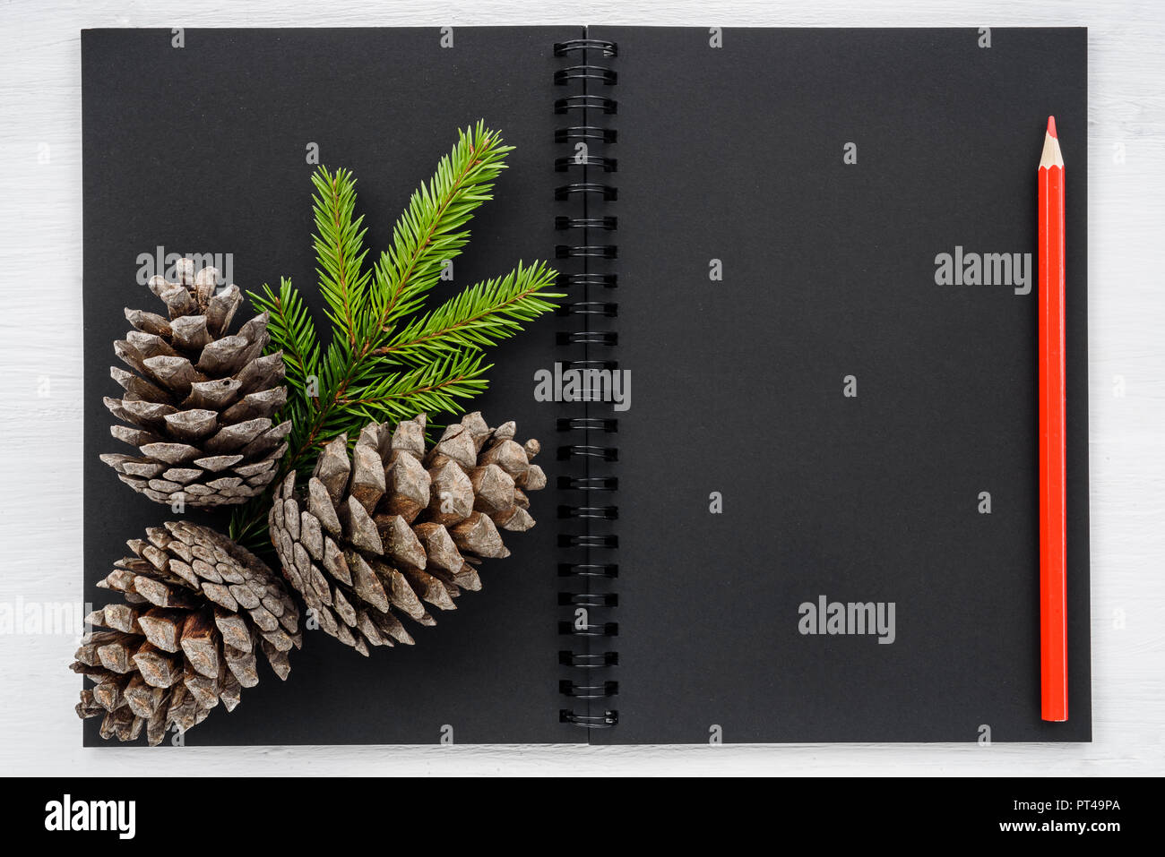 Christmas background - notebook and Christmas decorations Stock Photo ...