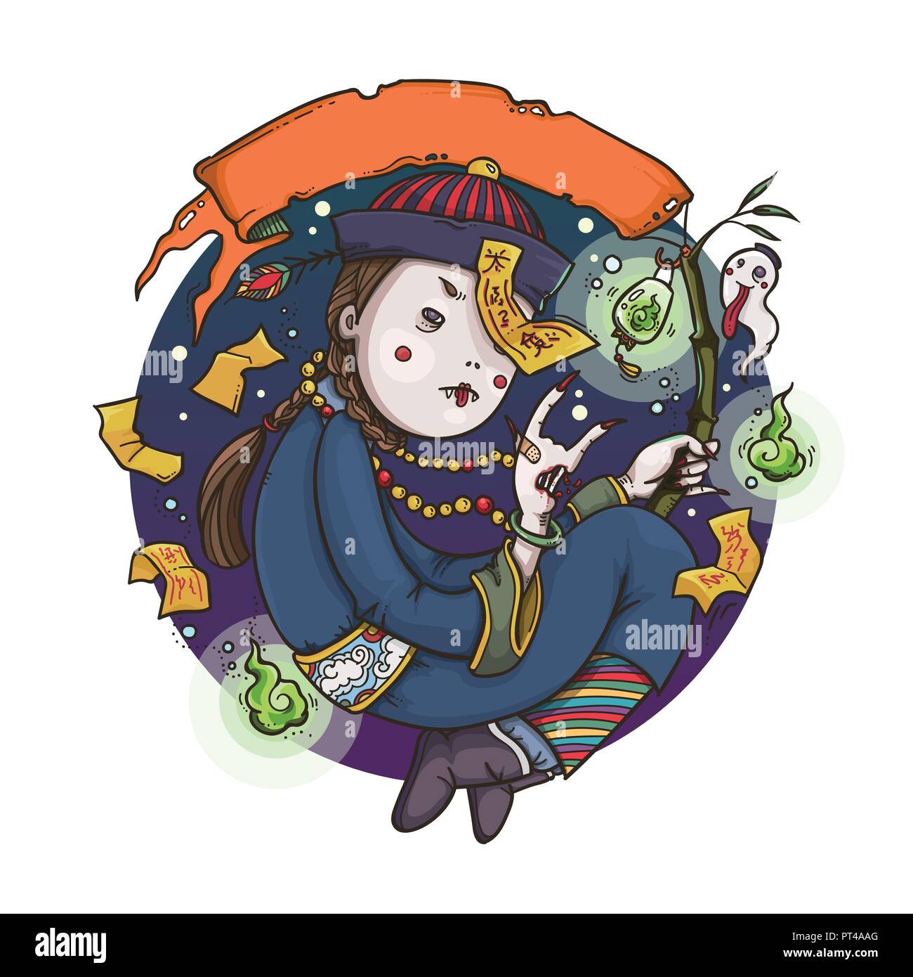 Vector Illustration of Jiangshi Chinese Hopping Vampire Ghost Holding ...