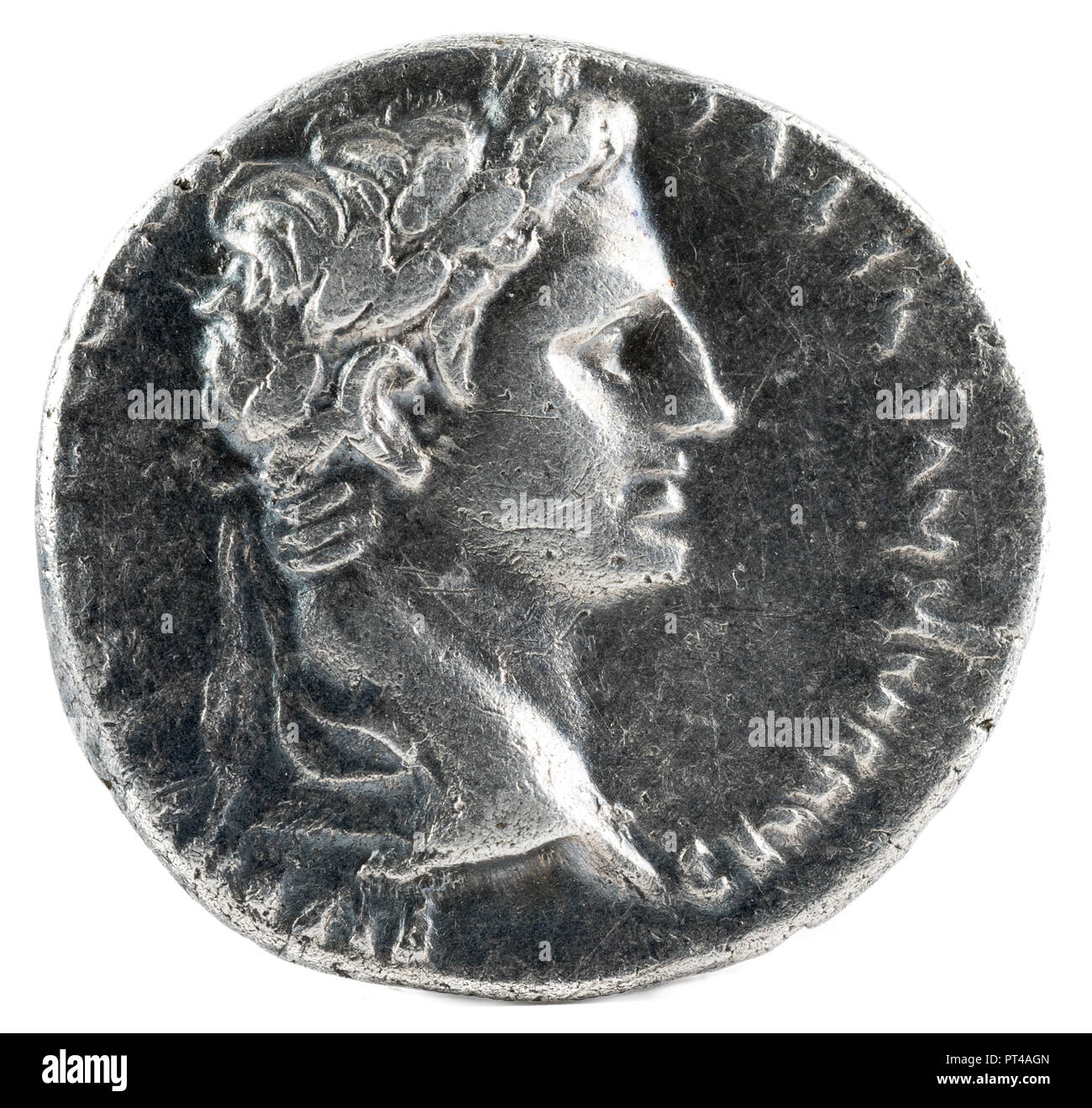 Ancient Roman silver denarius coin of Emperor Augustus. Obverse Stock ...