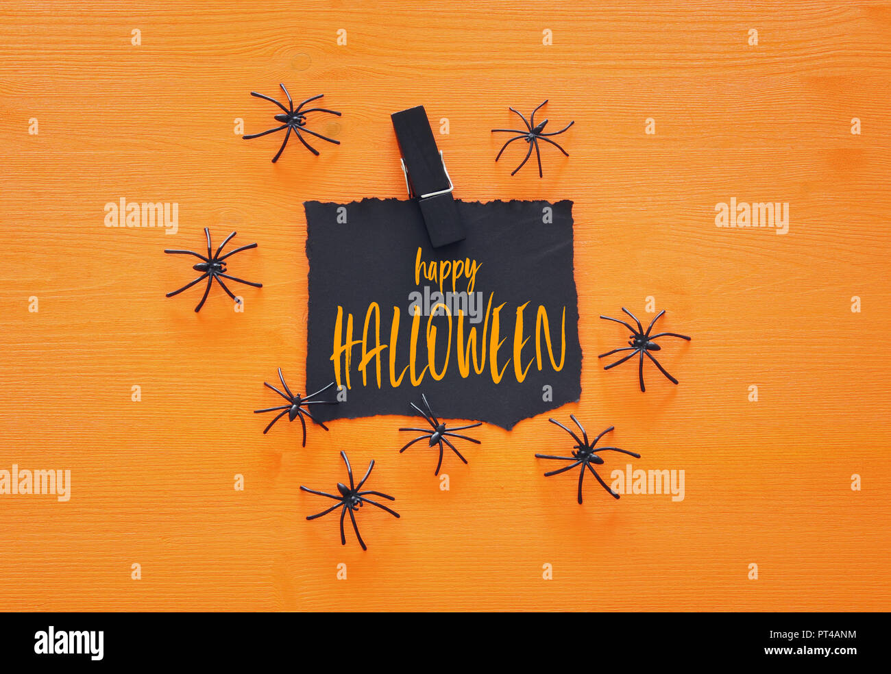 Halloween holiday minimal top view image of letter with text HAPPY ...