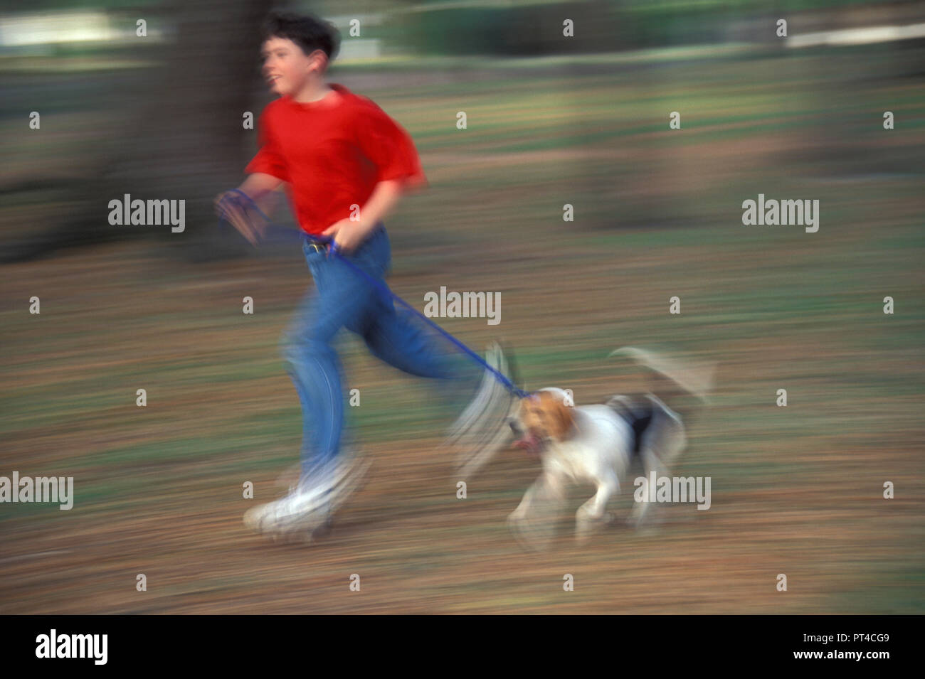 Action picture of boy running with pet dog, USA Stock Photo - Alamy